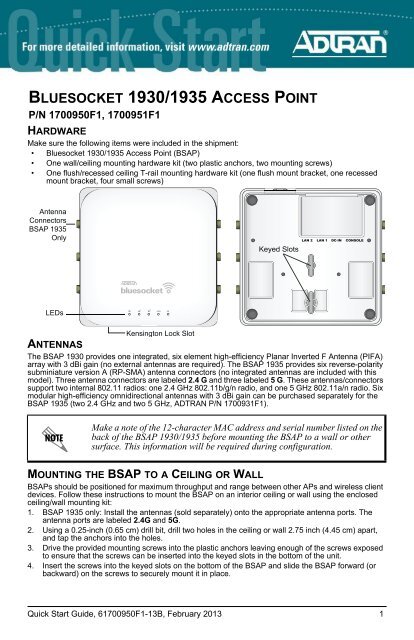 Bluesocket 1930/1935 Access Point Quick Start Guide - ADTRAN ...