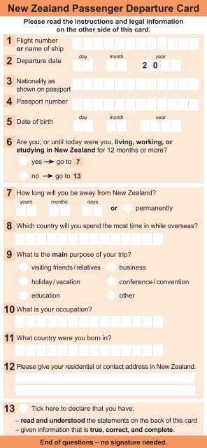 Passenger Departure Card - New Zealand Customs Service