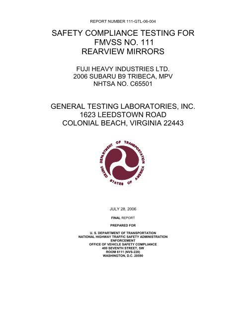 safety compliance testing for fmvss no. 111 rearview mirrors