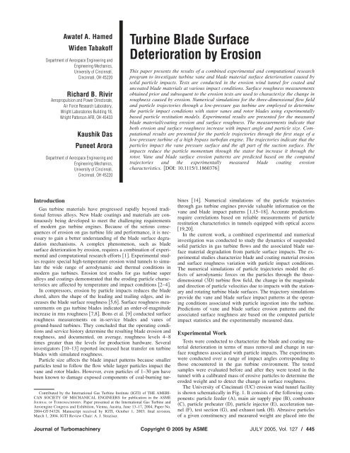 Turbine Blade Surface Deterioration by Erosion - University of ...