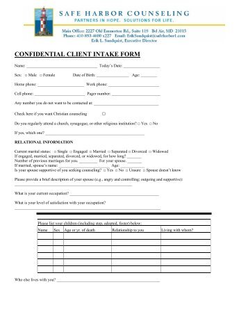 confidential client intake form - Safe Harbor Christian Counseling
