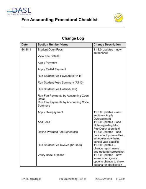 Fee Accounting Procedural Checklist Change Log