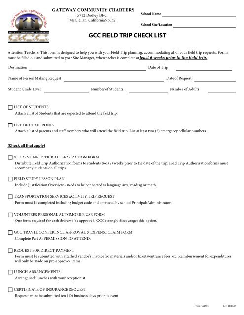 GCC FIELD TRIP CHECK LIST - Gateway Community Charters