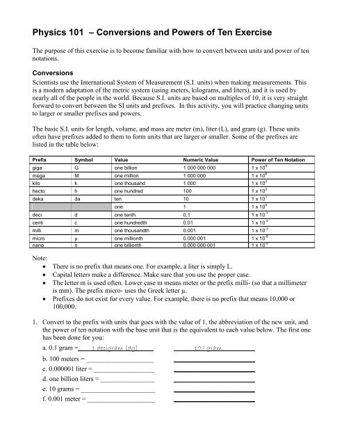 Conversions and Powers of Ten Exercise