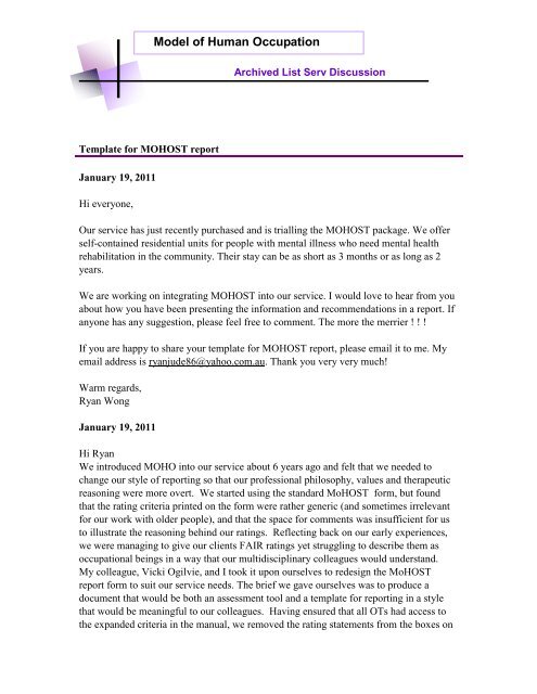 Template for MOHOST report