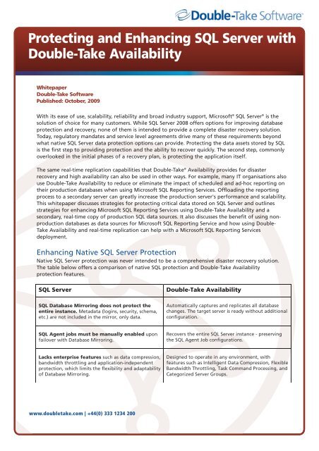 Protecting and Enhancing SQL Server with Double-Take Availability