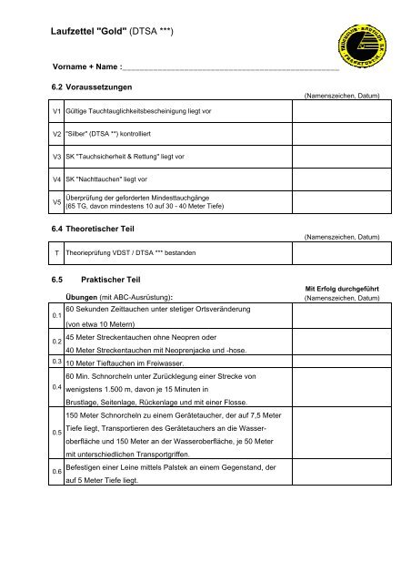 Laufzettel "Gold" (DTSA ***)
