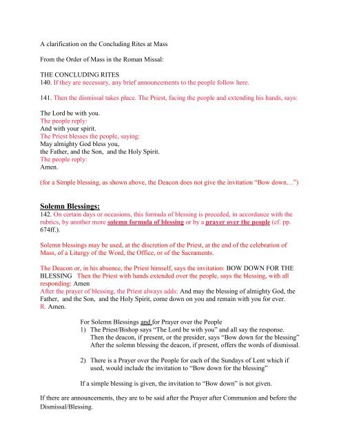 clarification on the Concluding Rites at Mass