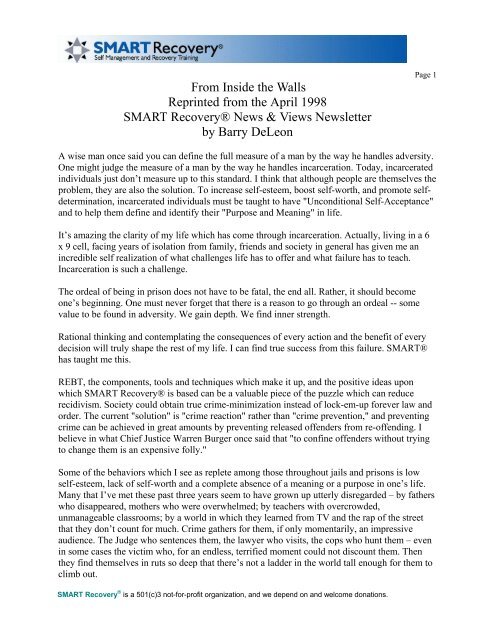 From Inside the Walls Reprinted from the April ... - SMART Recovery