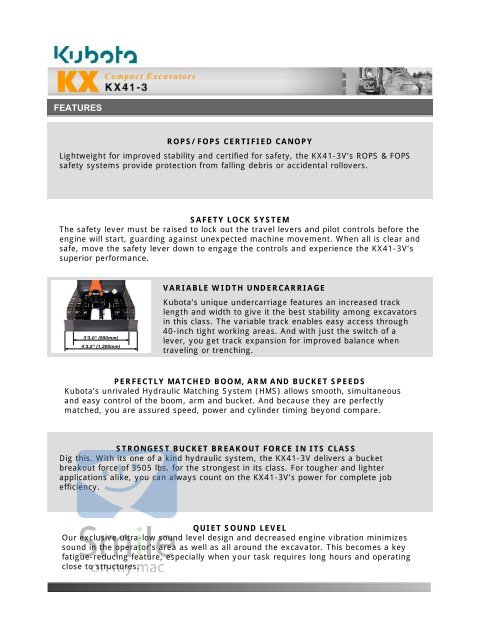 Kubota Compact Excavators KX Series KX41-3 Features