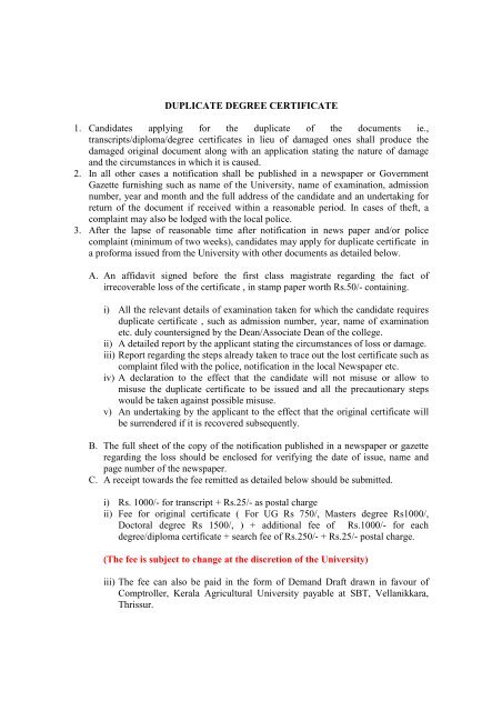DUPLICATE DEGREE CERTIFICATE Kerala Agricultural University
