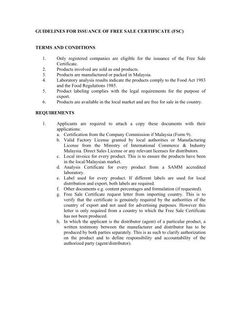 GUIDELINES FOR ISSUANCE OF FREE SALE CERTIFICATE (FSC) GUIDELINES FOR ISSUANCE OF FREE SALE CERTIFICATE (FSC)