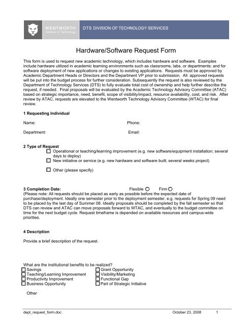 Hardware/Software Request Form - Wentworth Institute of Technology