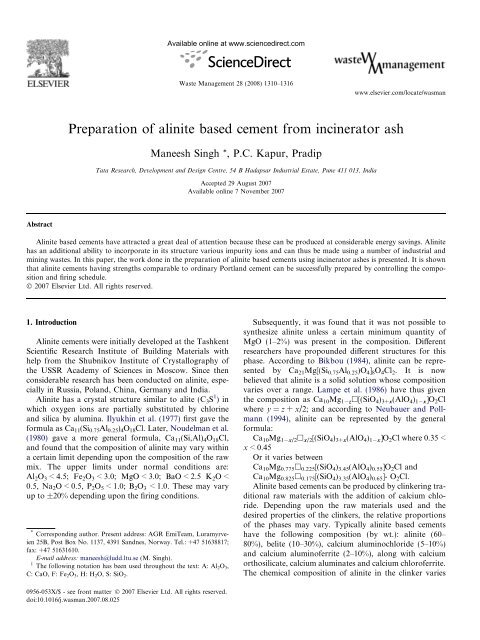 Preparation of alinite based cement from incinerator ash - TRDDC
