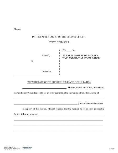 Ex Parte Motion to Shorten Time and Declaration - Hawaii State ...