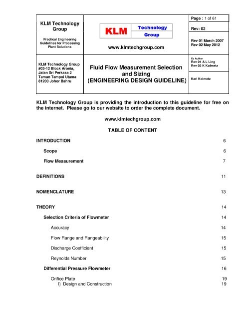 Fluid Flow Measurement Selection and Sizing - KLM Technology ...