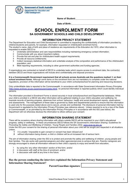 STUDENT ENROLMENT FORM - Coromandel Valley Primary School