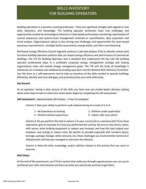 skills inventory for building operators - Building Operator Certification