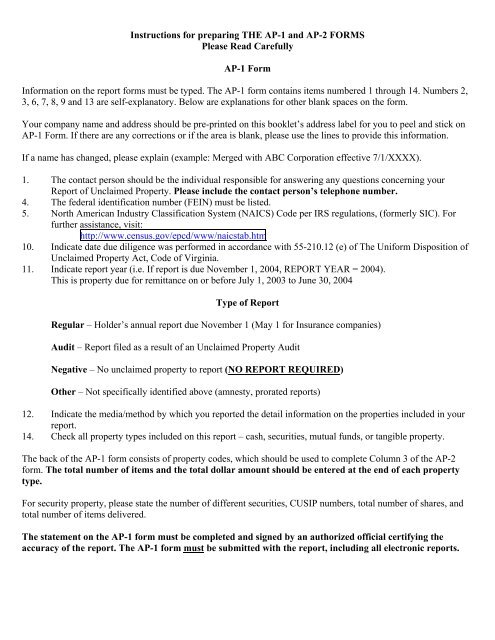 Instructions for preparing THE AP-1 and AP-2 FORMS - Virginia ...