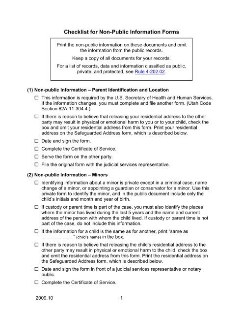 Checklist for Non-Public Information Forms - Utah State Courts