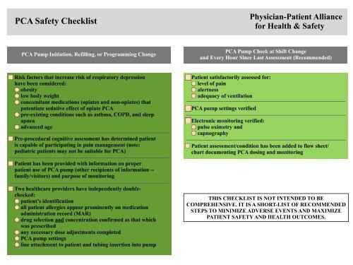PCA Safety Checklist - Physician-Patient Alliance for Health & Safety