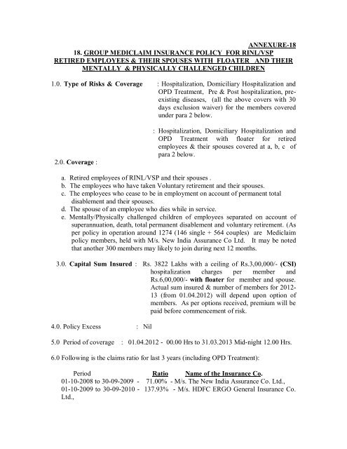 annexure-18 18. group mediclaim insurance policy for ... - Vizag Steel