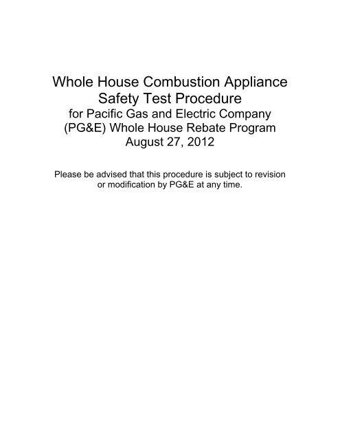 Combustion Appliance Safety Test Procedure (Whole House ...