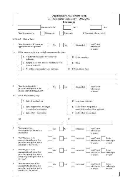 Questionnaire Assessment Form GI Therapeutic Endoscopy - 2002 ...
