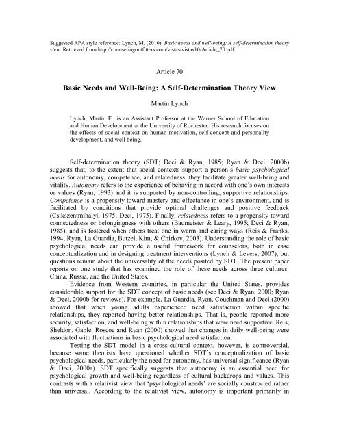 Basic Needs and Well-Being: A Self-Determination Theory View