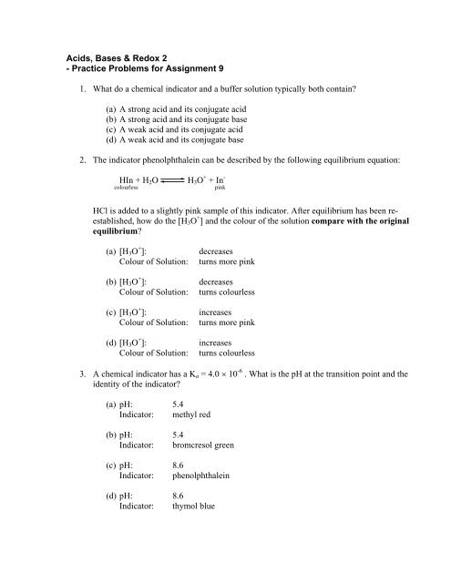 Acids, Bases & Redox 2 - Practice Problems for Assignment 9 1 ...