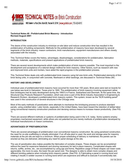 Tech Note 40 Prefabricated Brick Masonry