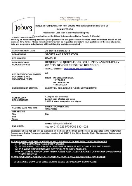 REQUEST OF QUOTATIONS FOR SUPPLY AND ... - Joburg