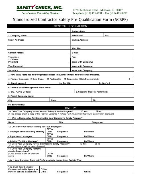 Standardized Contractor Safety Pre-Qualification Form (SCSPF)