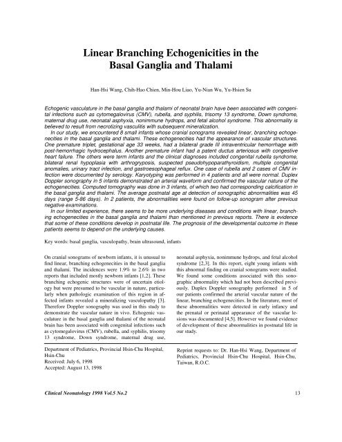 Linear Branching Echogenicities in the Basal Ganglia and Thalami