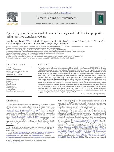 Optimizing spectral indices and chemometric ... - ResearchGate