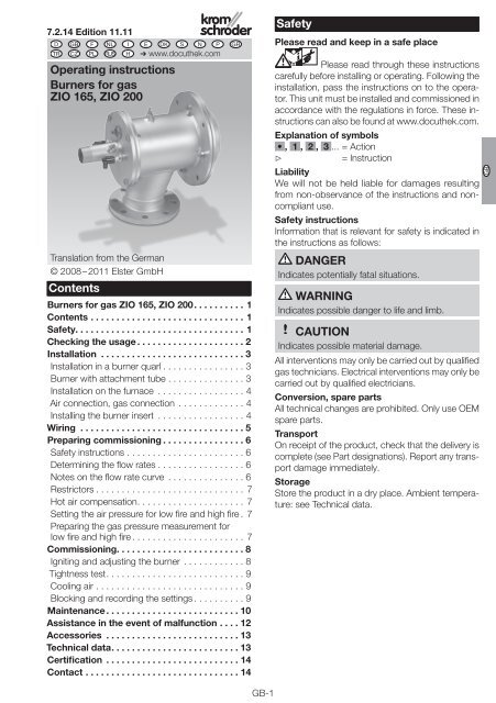 Industrial Burner ZIO Operating Instructions - Combustion 911