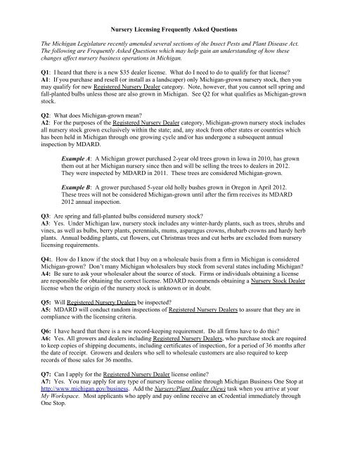 Nursery Licensing Frequently Asked Questions The Michigan ...