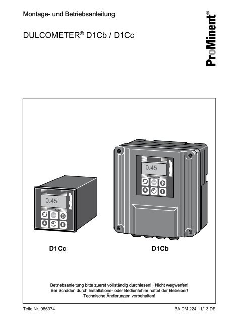 und Betriebsanleitung - DULCOMETER® D1Cb / D1Cc - ProMinent