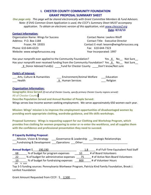 i. chester county community foundation grant proposal summary sheet