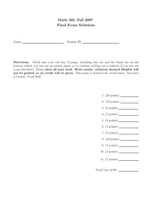 Math 305 Fall 2007 Final Exam Solutions