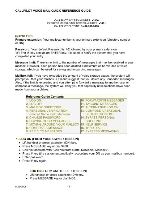 callpilot voice mail quick reference guide - Robert Morris University