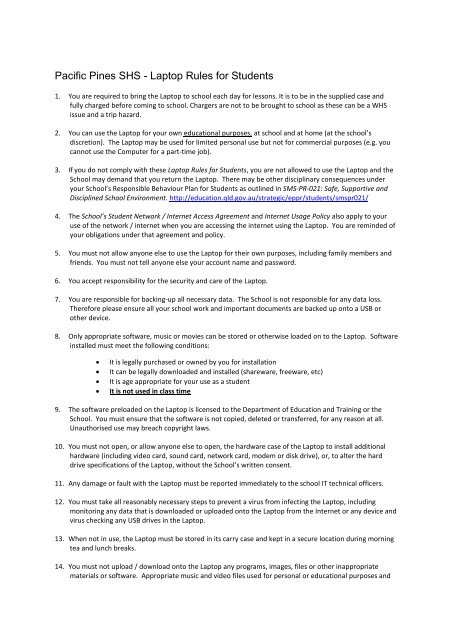 Laptop Rules for Students - Pacific Pines State High School