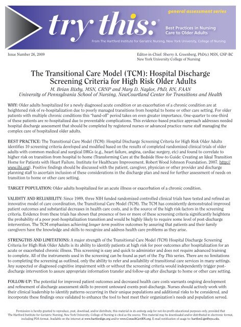 The Transitional Care Model (TCM): Hospital Discharge Screening ...