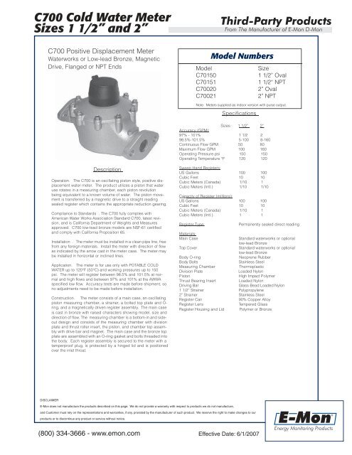 C700 Cold Water Meter with Pulse Output - E-Mon