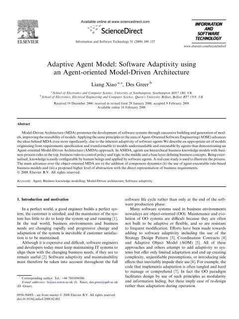 Software Adaptivity Using An Agent Oriented Model Driven Architecture