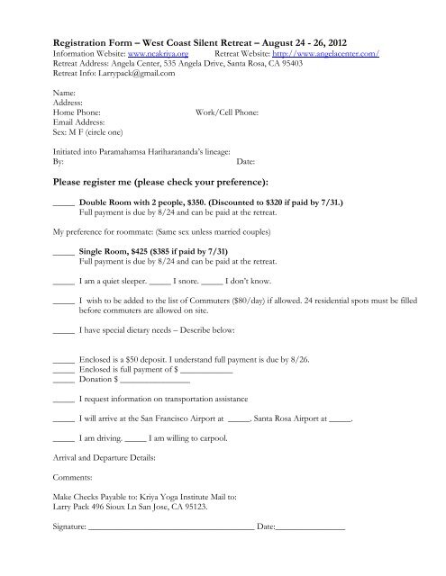 Registration Form â West Coast Silent Retreat - Kriya Yoga Institute