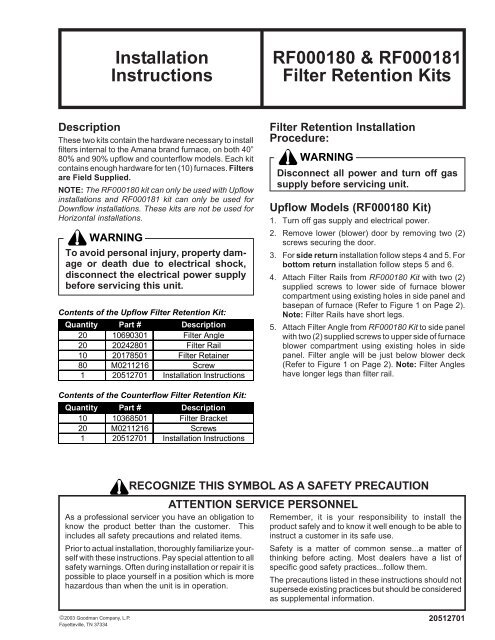 Installation Instructions RF000180 & RF000181 Filter Retention Kits
