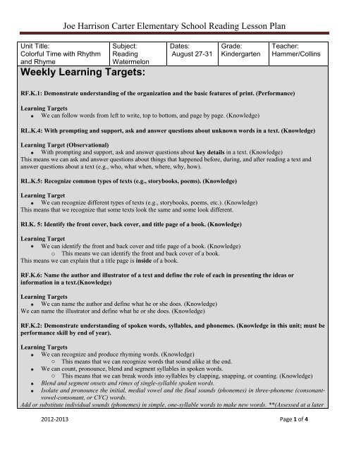 Joe Harrison Carter Elementary School Reading Lesson Plan