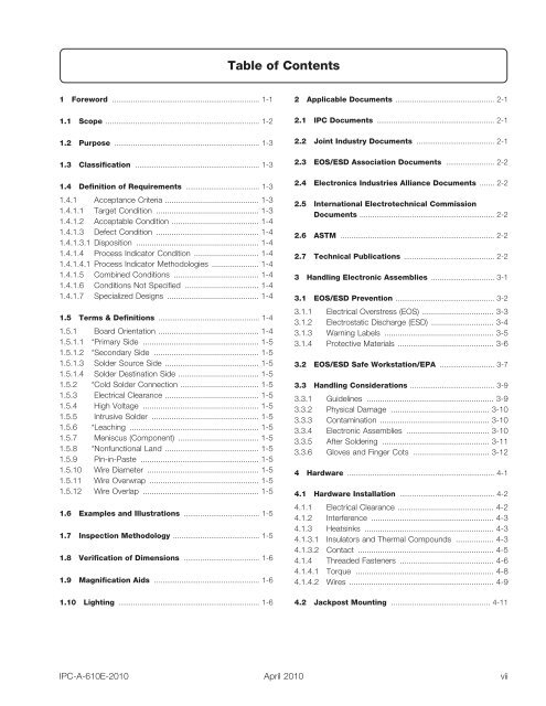 IPC-A-610E Table of Contents - Electronics.ca