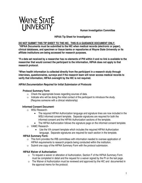 10-3 HIPAA Tip Sheet - Institutional Review Board - Wayne State ...